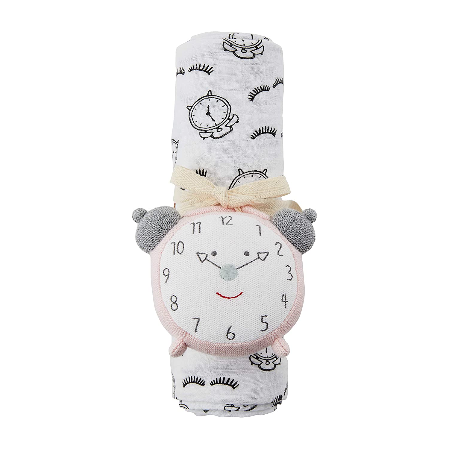 Mud Pie Knit Rattle & Printed Muslin Swaddle Blanket - Alarm Clock